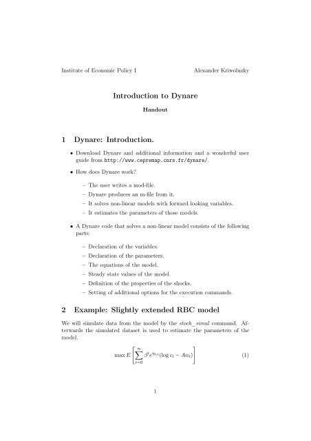 Introduction to Dynare 1 Dynare: Introduction. 2 Example: Slightly ...