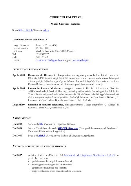 CURRICULUM VITAE Maria Cristina Torchia - Patrizia Bellucci