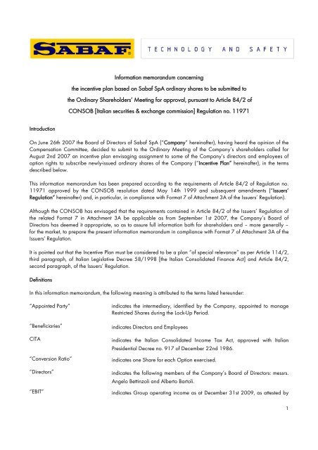 Information memorandum concerning the incentive ... - SABAF S.p.A.