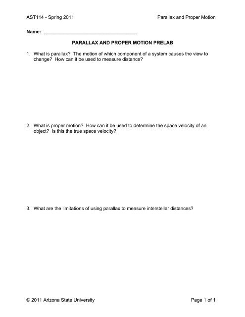 Parallax and Proper Motion - Astronomy Lab II. - Arizona State ...