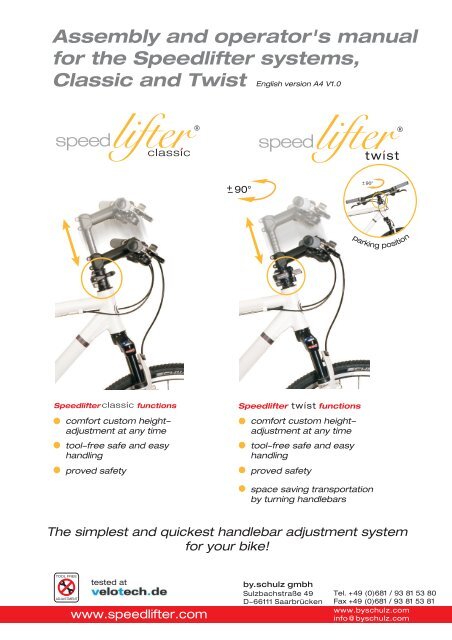 Assembly and operator's manual for the Speedlifter systems,