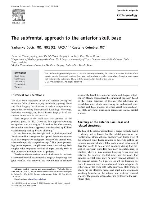 The subfrontal approach to the anterior skull base - Dr. Ducic