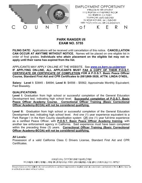 Park Ranger I/II - County of Kern