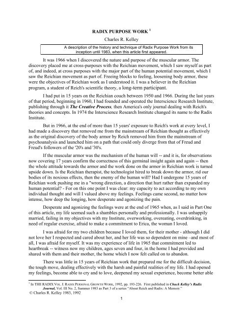 RADIX PURPOSE WORK 1 Charles R. Kelley It was 1966 when I ...