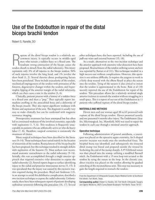 Use of the Endobutton in repair of the distal biceps brachii tendon