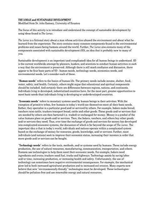 THE LORAX and SUSTAINABLE DEVELOPMENT Modified from Dr ...