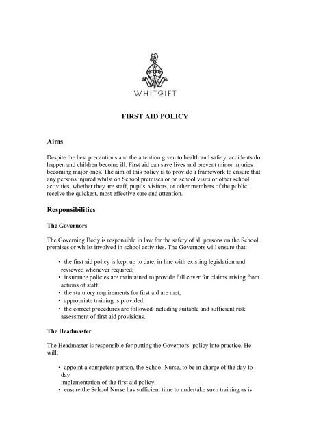 FIRST AID POLICY Aims Responsibilities - Whitgift School