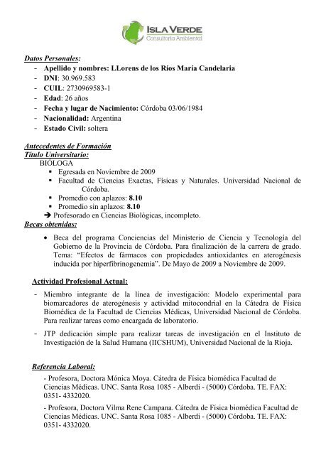 Apellido y nombres: LLorens de los Ríos María Candelaria