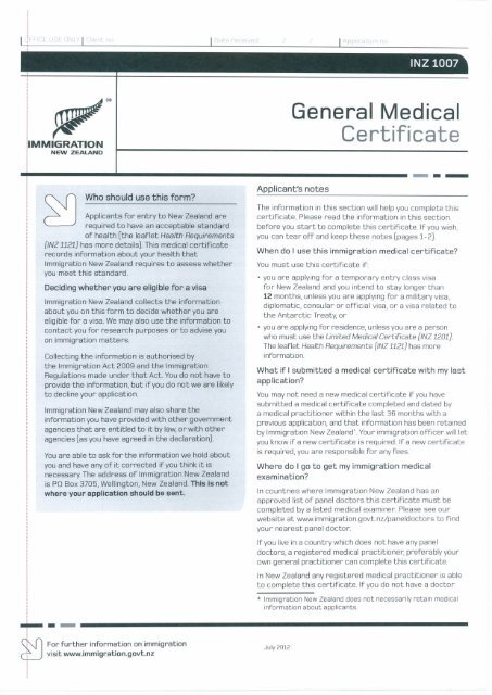 INZ1007 - General Medical Certificate (for New Zealand Medicals)