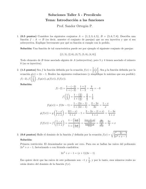 Soluciones Taller 5 - Precálculo Tema: Introducción a las funciones ...
