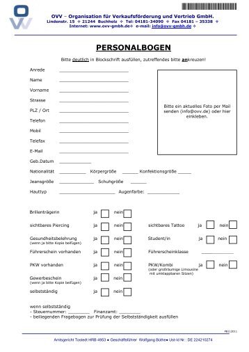 Autorent GmbH: Bewerbungs- / und Personalbogen PersÃ¶nliche ...