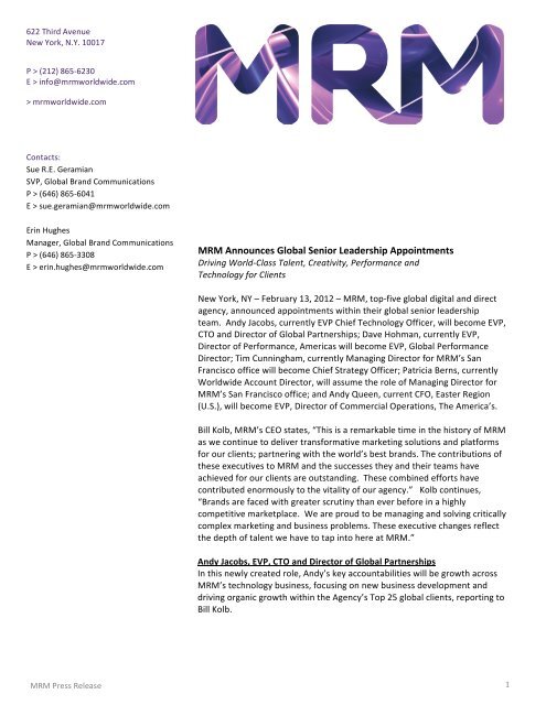 MRM Announces Global Senior Leadership ... - MRM Worldwide