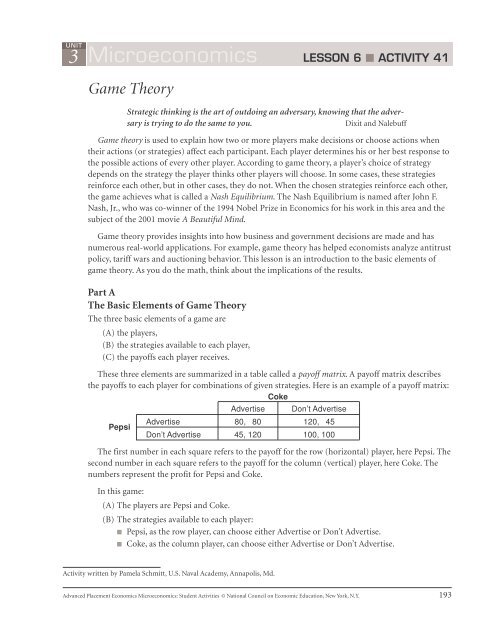 Game Theory Reading and Questions