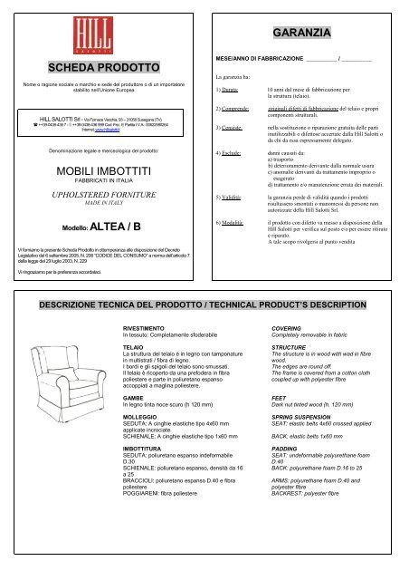 SCHEDA PRODOTTO MOBILI IMBOTTITI Modello ... - Hill Salotti