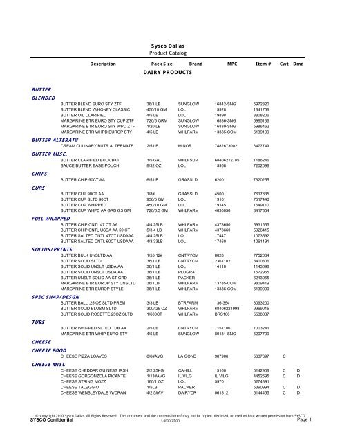 DAIRY PRODUCTS Sysco Dallas Product Catalog