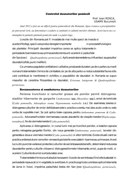 Controlul daunatorilor pomicoli Prof. Ioan ROSCA, USAMV ... - Alcedo