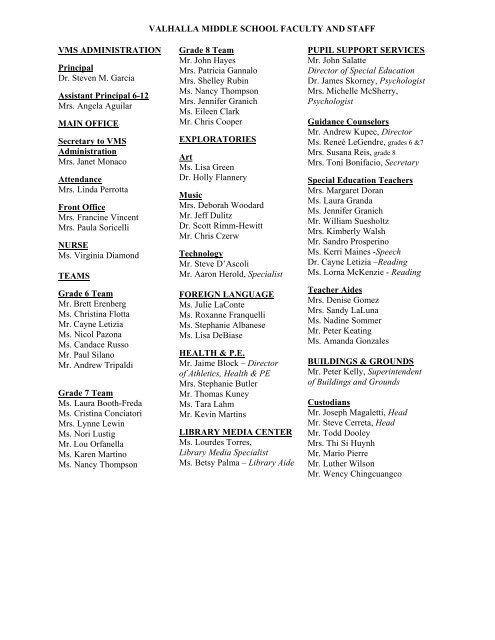 VALHALLA MIDDLE SCHOOL FACULTY AND STAFF VMS ...