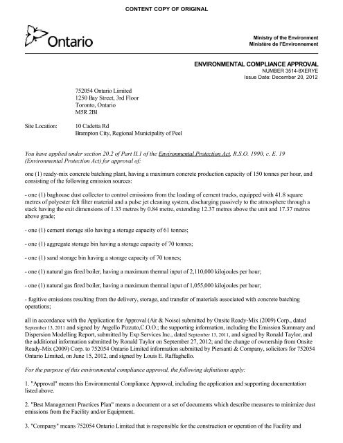 ENVIRONMENTAL COMPLIANCE APPROVAL 752054 Ontario ...