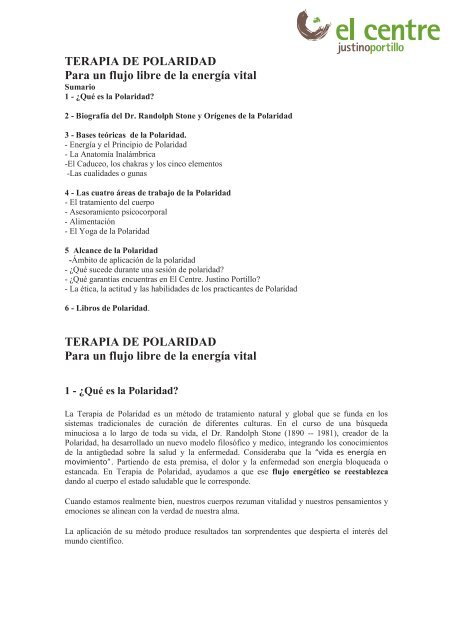 TERAPIA DE POLARIDAD Para un flujo libre de la energía vital ...