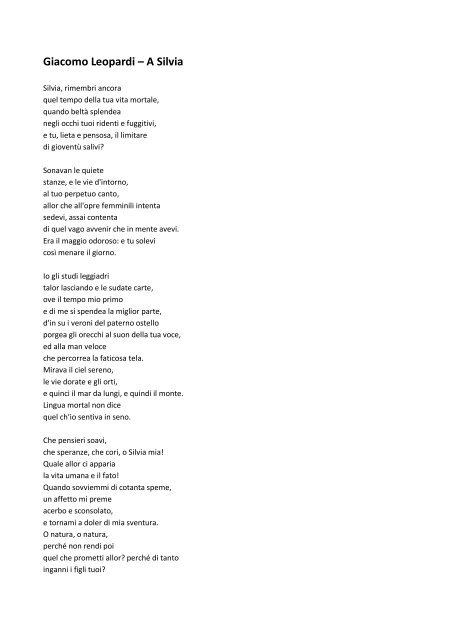 Giacomo Leopardi – A Silvia - Scuola Dante Alighieri Volpiano