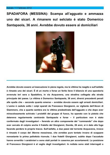 SPADAFORA (MESSINA): Scampa all'agguato e ammazza uno dei ...