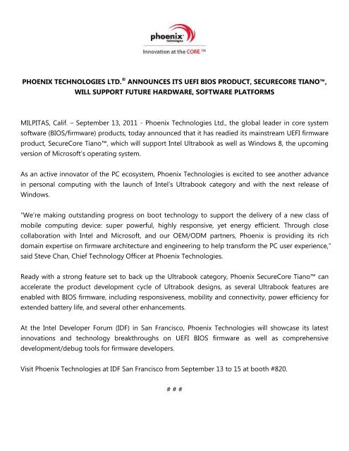 Phoenix Technologies Announces its UEFI BIOS Product, SecureCore