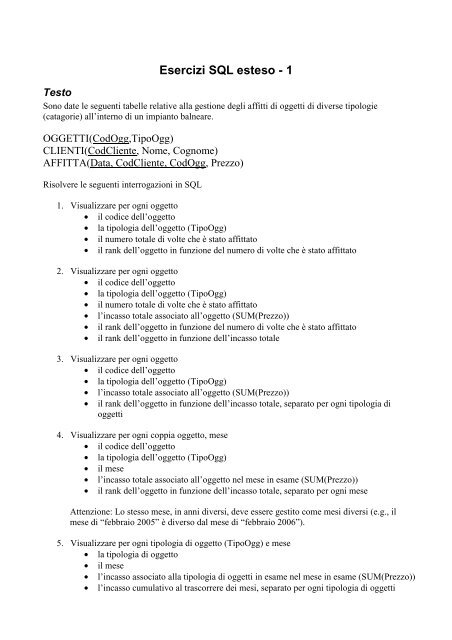 Esercizi SQL esteso - 1