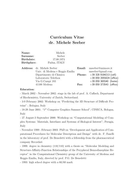 Curriculum Vitae dr. Michele Seeber - Francesca Fanelli's group