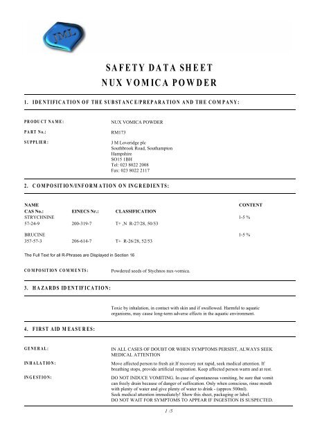 SAFETY DATA SHEET NUX VOMICA POWDER - J.M.Loveridge plc