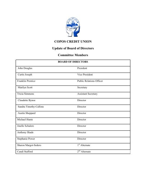 COPOS CREDIT UNION Update of Board of Directors Committee ...