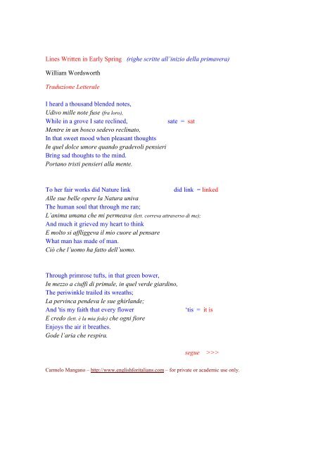 Lines Written in Early Spring - William Wordsworth - English for Italians