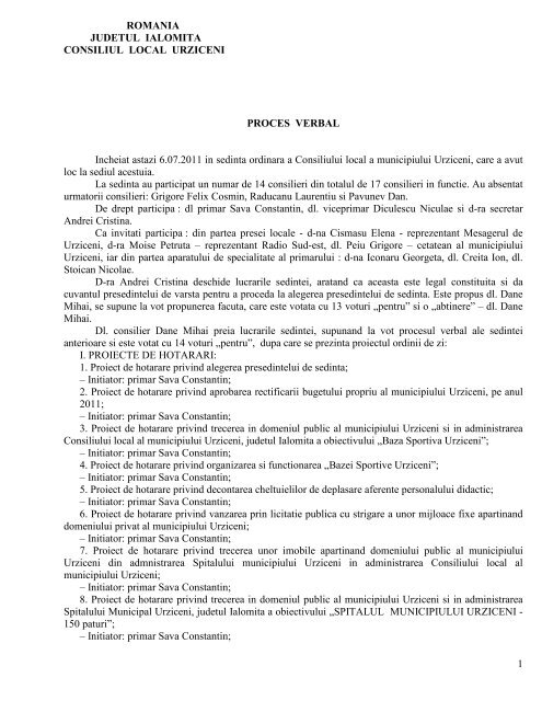 Proces verbal de sedinta al Consiliului Local ... - Primaria urziceni