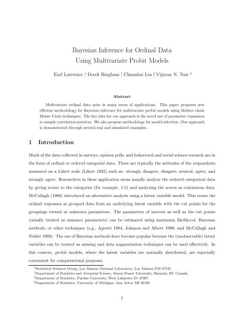 Bayesian Inference For Ordinal Data Using Multivariate Probit Models