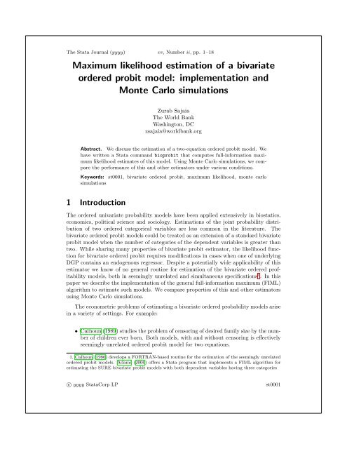 Maximum Likelihood Estimation Of A Bivariate Ordered Probit Model