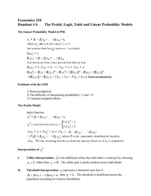Economics 210 Handout # 6 The Probit, Logit, Tobit and Linear ...