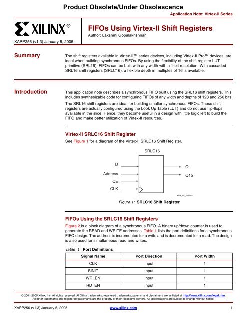 Xilinx XAPP256 FIFOs Using Virtex-II Shift Registers, Application Note