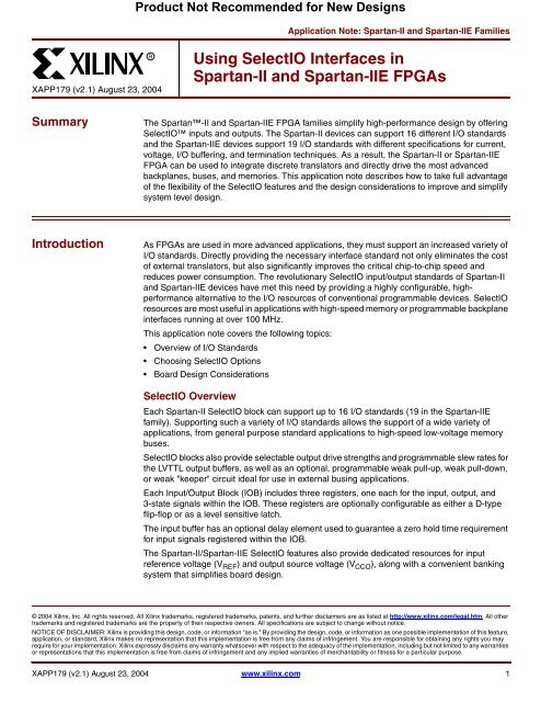 Xilinx XAPP179 Using SelectIO Interfaces in Spartan-II and Spartan ...