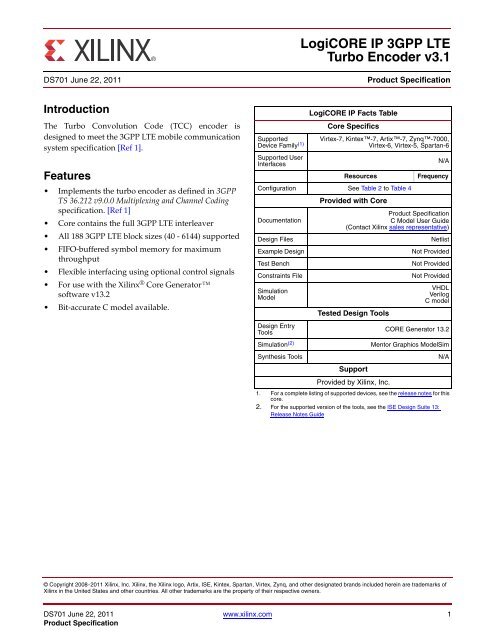 Xilinx DS701 3GPP LTE Turbo Encoder v3.1 Data Sheet