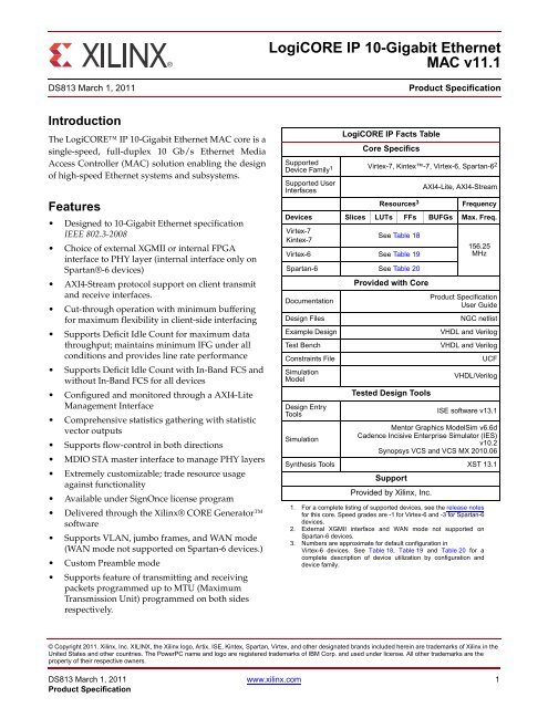 Xilinx DS813 LogiCORE IP 10-Gigabit Ethernet MAC v11.1, Data ...