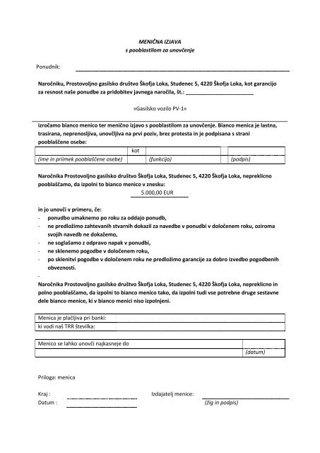 Ponudnik: MENIČNA IZJAVA