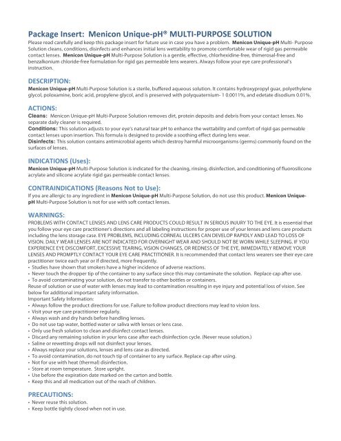 Package Insert - Menicon America Consumer