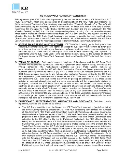 ICE TRADE VAULT PARTICIPANT AGREEMENT This agreement ...