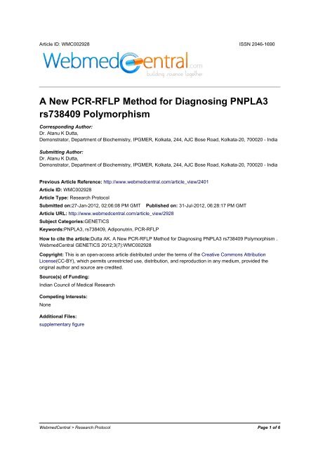 A New PCR-RFLP Method for Diagnosing PNPLA3 rs738409 ...