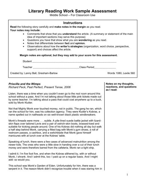 Literary Reading Work Sample Assessment