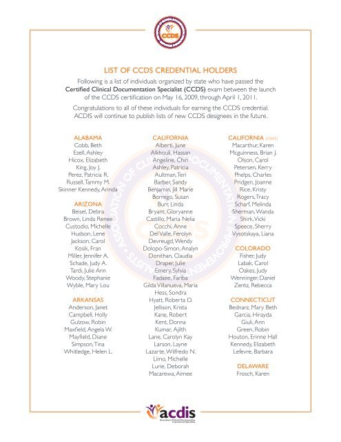 LIST OF CCDS CREDENTIAL HOLDERS - HCPro