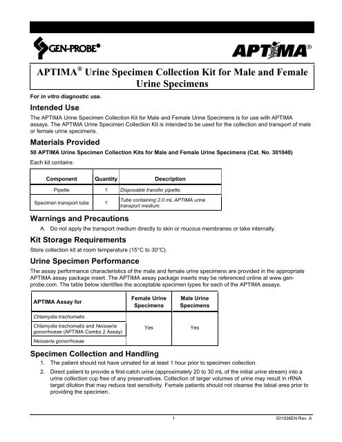 APTIMA Urine Specimen Collection Kit for Male ... - Gen-Probe, Inc.