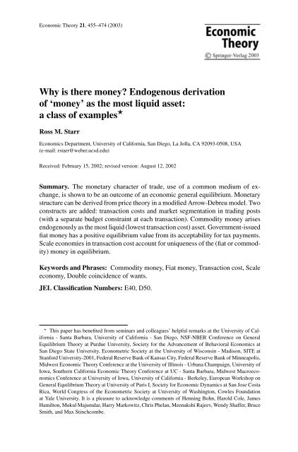 Endogenous derivation of 'money' - UC San Diego Department of ...