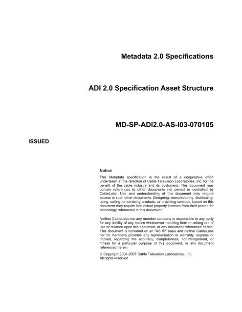 Metadata 2.0 Specifications ADI 2.0 Specification Asset ... - CableLabs