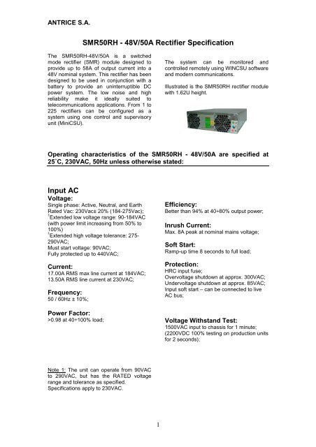 SMR50RH - 48V/50A Rectifier Specification Input AC - Antrice SA