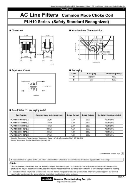 AC Line Filters Common Mode Choke Coil PLH10 Series (Safety ...